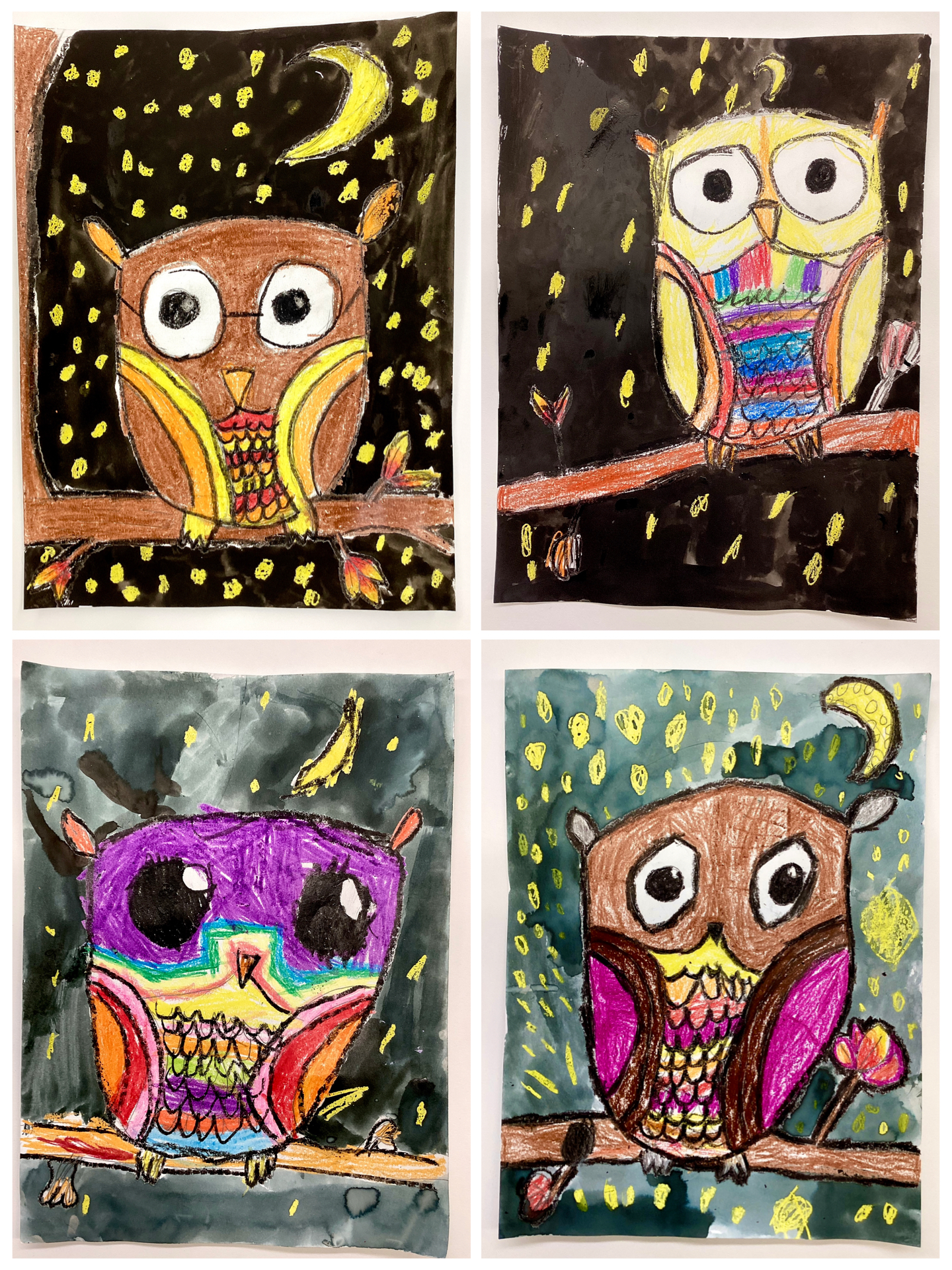 “Owls at Night” – grades 2 + 3 – Art with Mrs Filmore